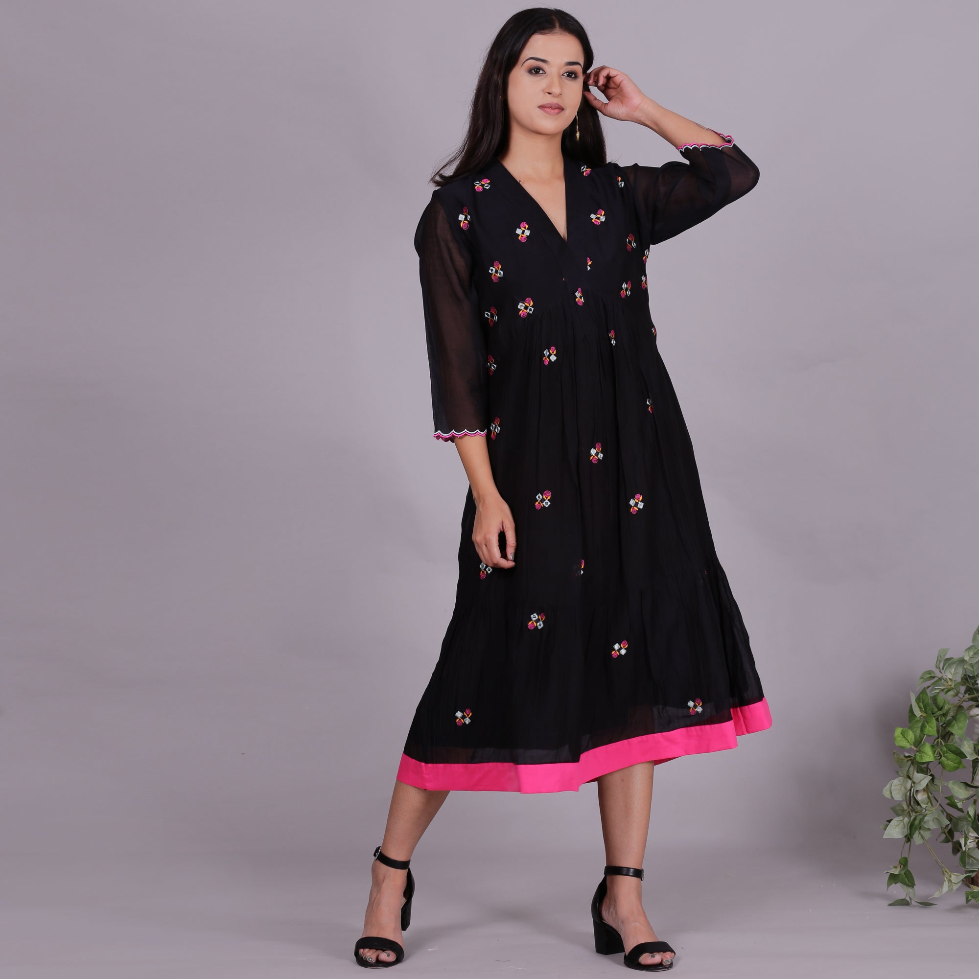 Black Chanderi gathered dress with embroidery – Spring Soul
